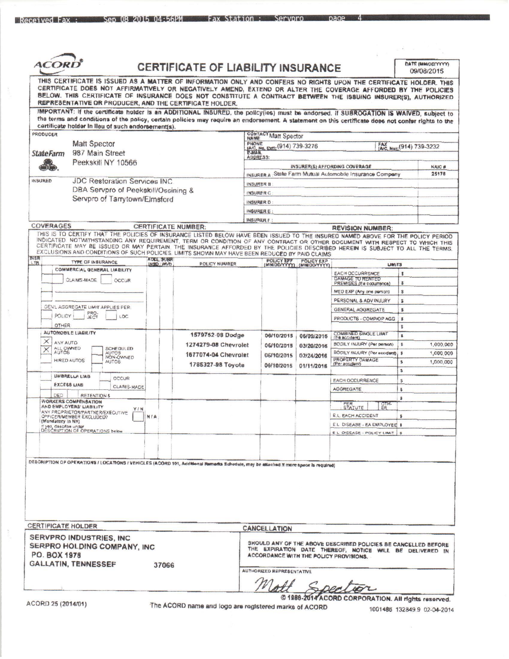 Servpro of Tarrytown/Elmsford - Licenses, Insurance, Bonding ...