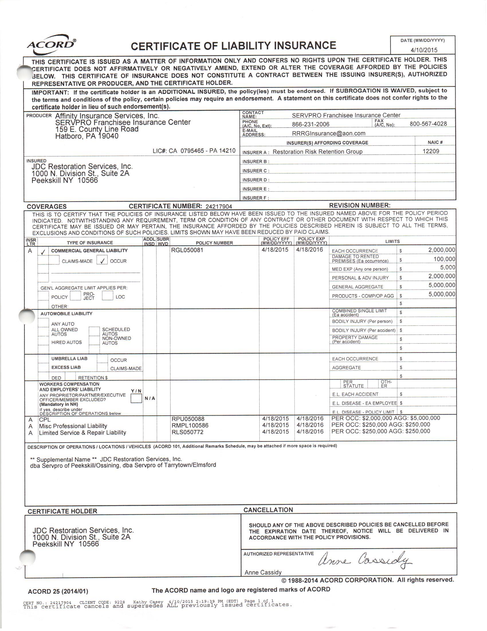 Servpro of Tarrytown/Elmsford - Licenses, Insurance, Bonding ...
